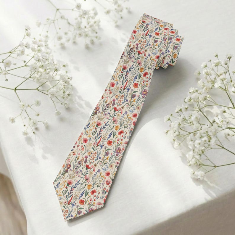 Wildflower Wedding Tie, Colorful Floral Necktie on Cream, Romantic ...