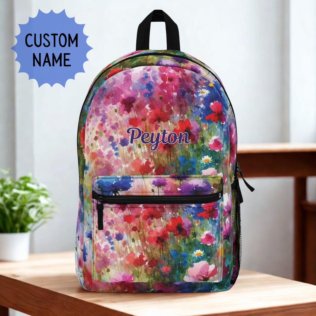 Watercolor Wildflower Backpack Custom Name Colorful Floral School Bag ...
