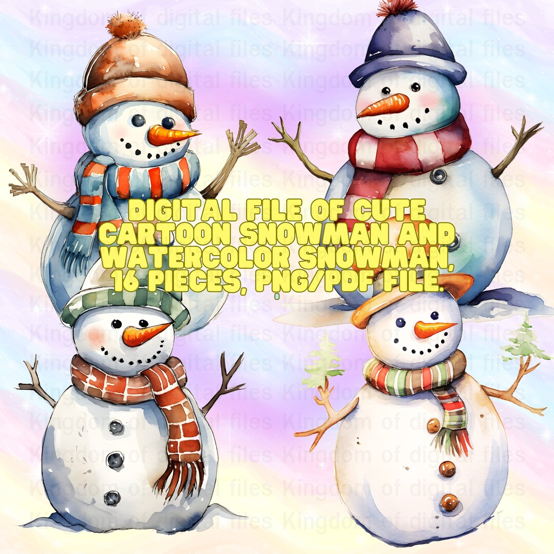 Digital File of Cute Cartoon Snowman and Watercolor Snowman, 16 Pieces ...