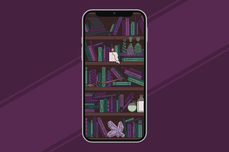 Witch’s Bookshelf Phone Wallpapers HD | Cute Spooky Illustrated ...