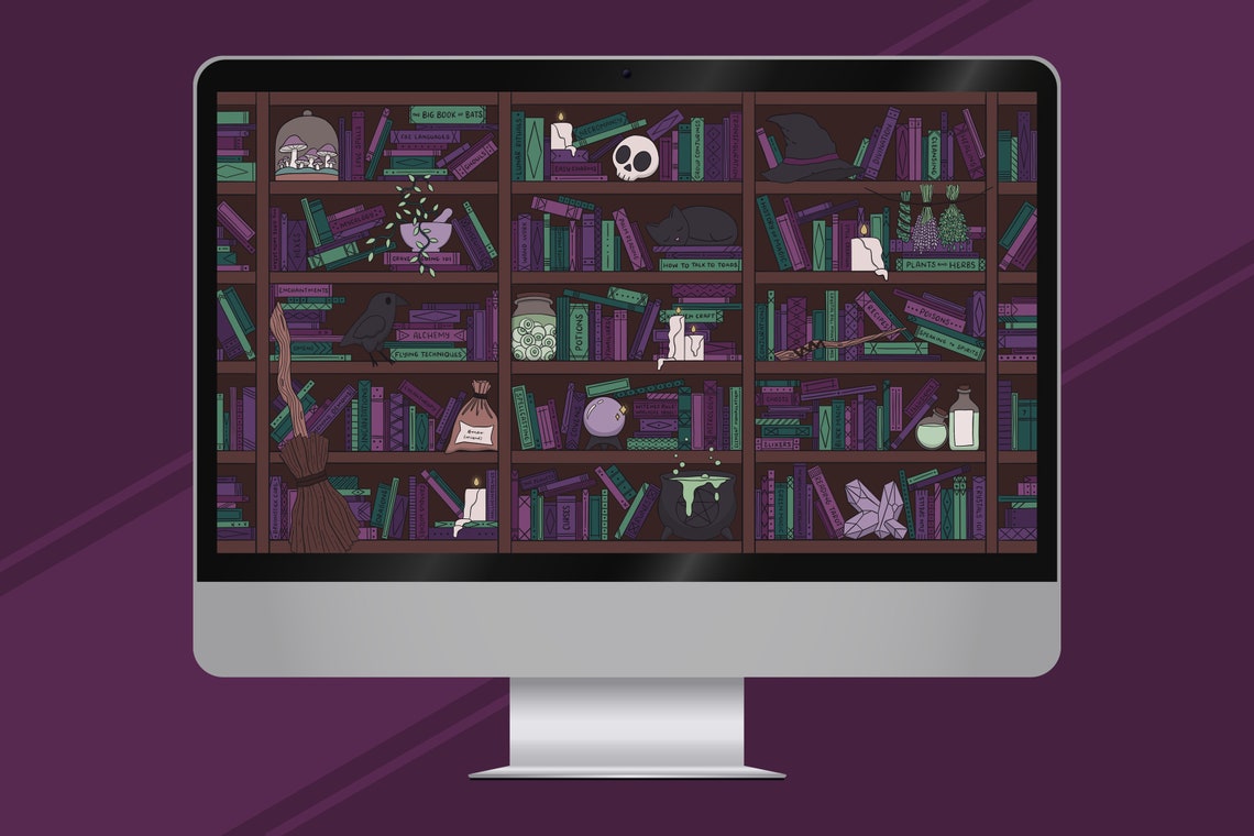 Witch’s Bookshelf Desktop Wallpaper HD | Cute Spooky Illustrated ...