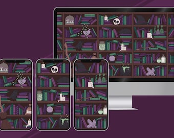 Witchs Bookshelf Desktop Wallpaper HD Cute Spooky - Etsy