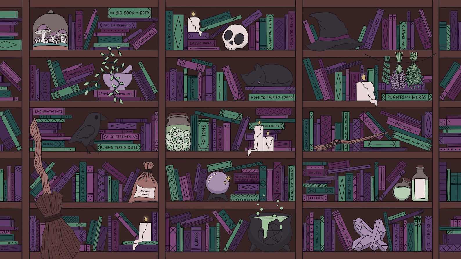 Witch’s Bookshelf Desktop Wallpaper HD | Cute Spooky Illustrated ...