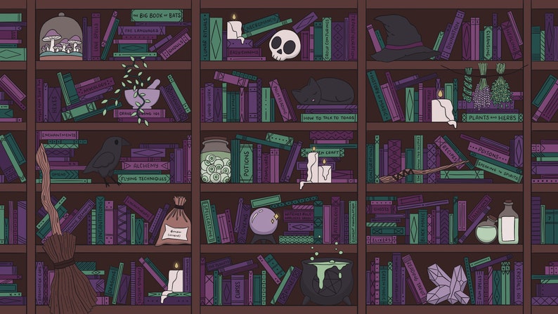 Witch’s Bookshelf Desktop Wallpaper HD | Cute Spooky Illustrated ...