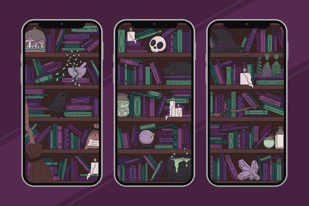 Witch’s Bookshelf Wallpaper | Cute Kawaii Witch Art | Halloween Digital ...