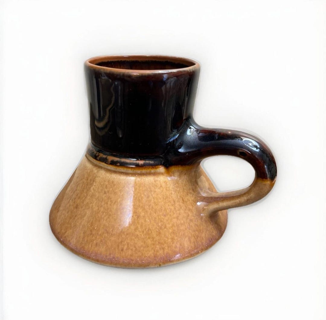 Vintage No Spill Travel Coffee Mug Ceramic Pottery Wide Bottom 2 Tone ...