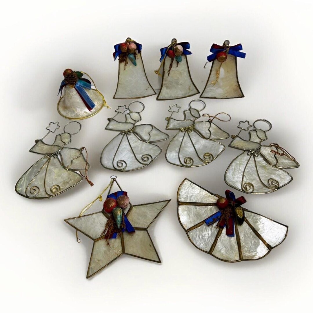Vintage Capiz Shell & Brass Christmas Ornaments Lot of 10 Angel, Bells ...