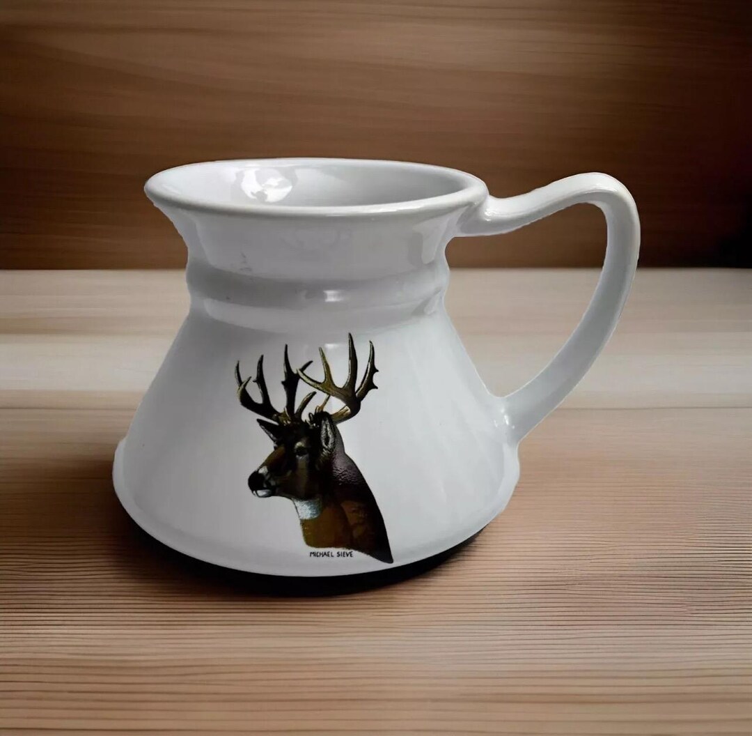 White Ceramic Pottery No Spill Travel Mug deer-buck artist Michael ...