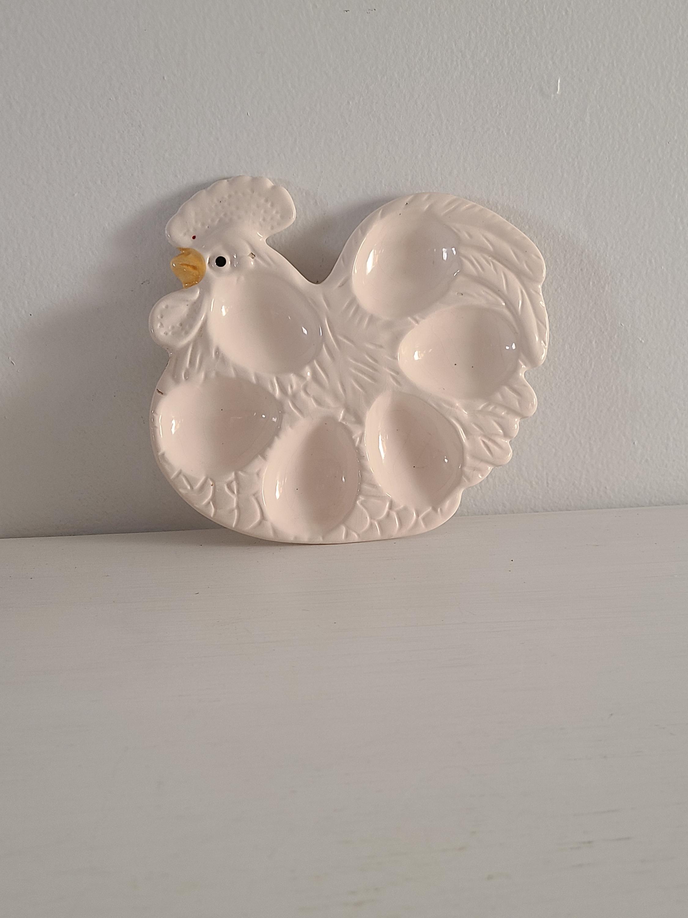 Vintage Rooster Deviled Egg Plate — Cream Ceramic Hen Shaped Serving ...