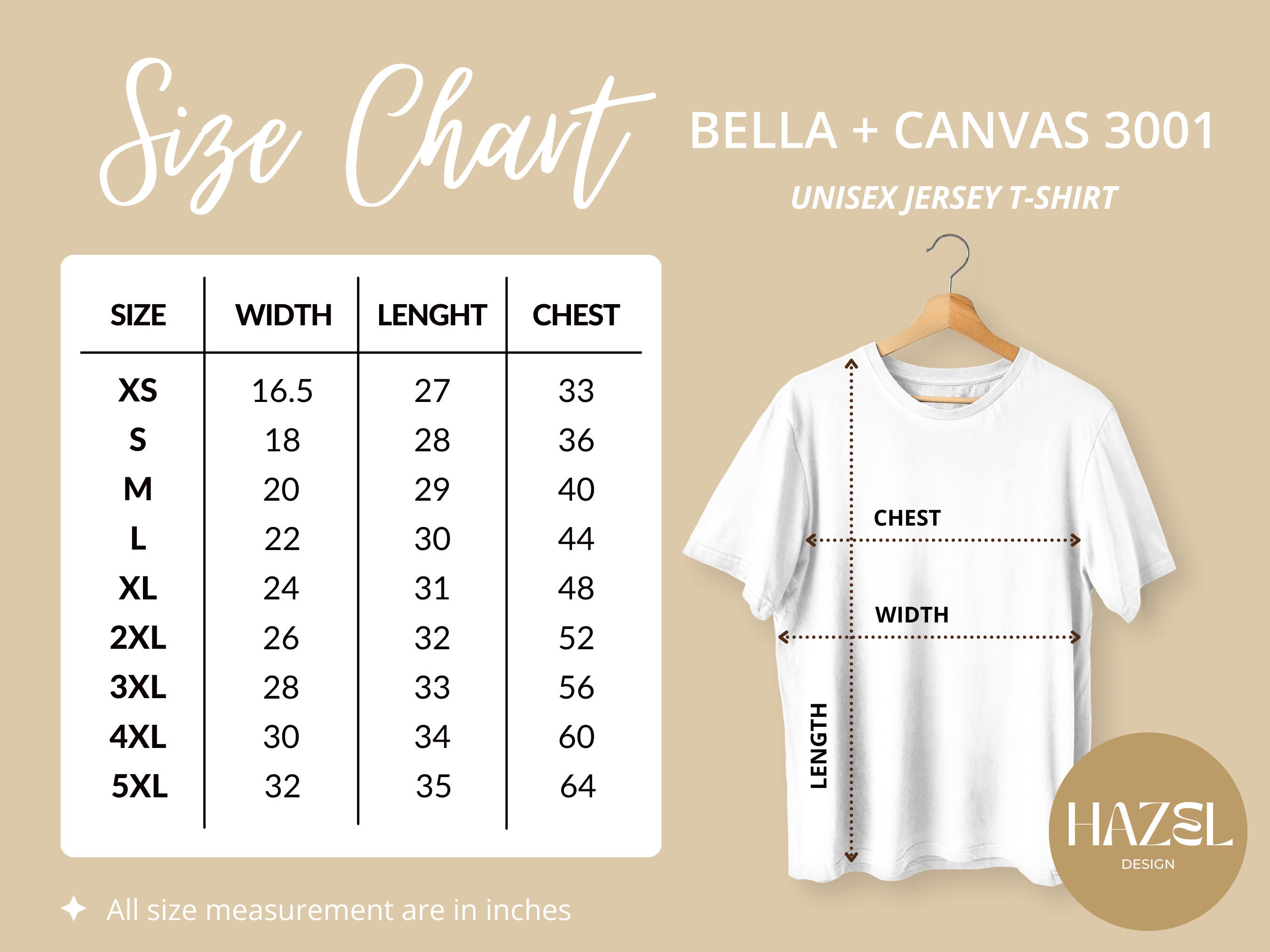 Bella Canvas 3001 Size Chart, Print on Demand Size Chart, 3001 Bella Mockup, Size Chart, Bella ...