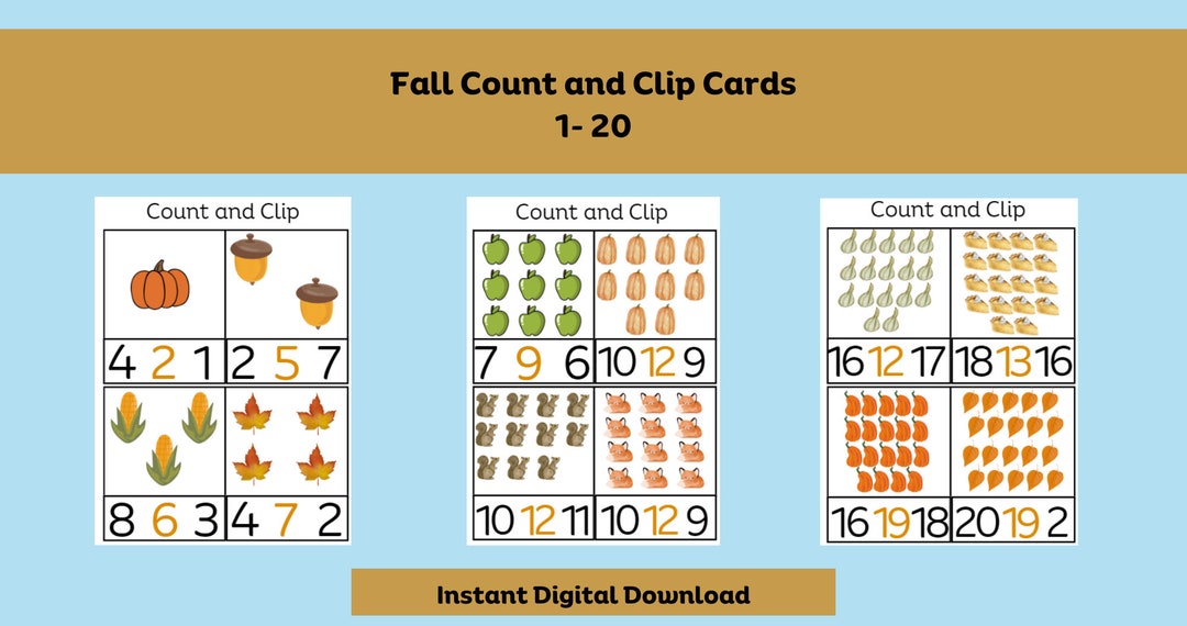 Math Count and Clip Cards 1-20, Fall-themed Preschool Counting Cards ...