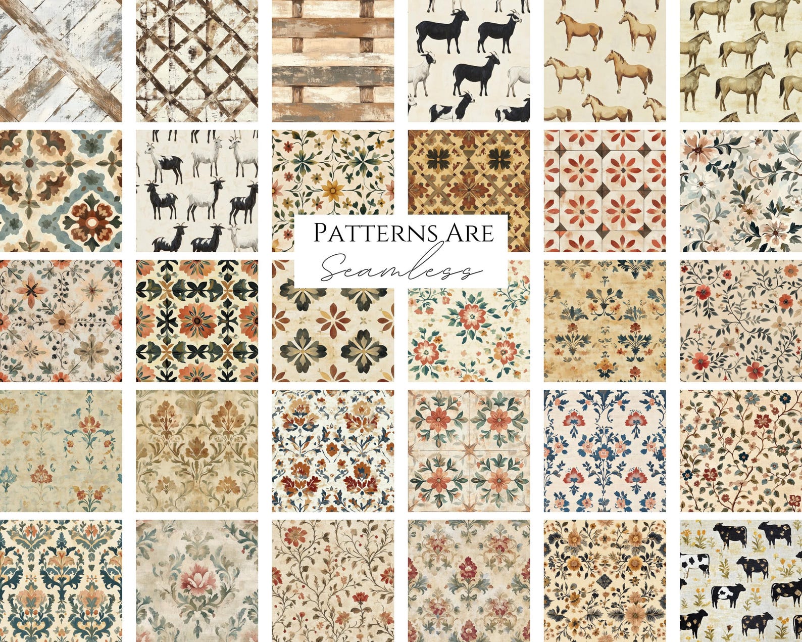 Vintage Farmhouse Digital Paper Set: Seamless Rustic Patterns (digital ...