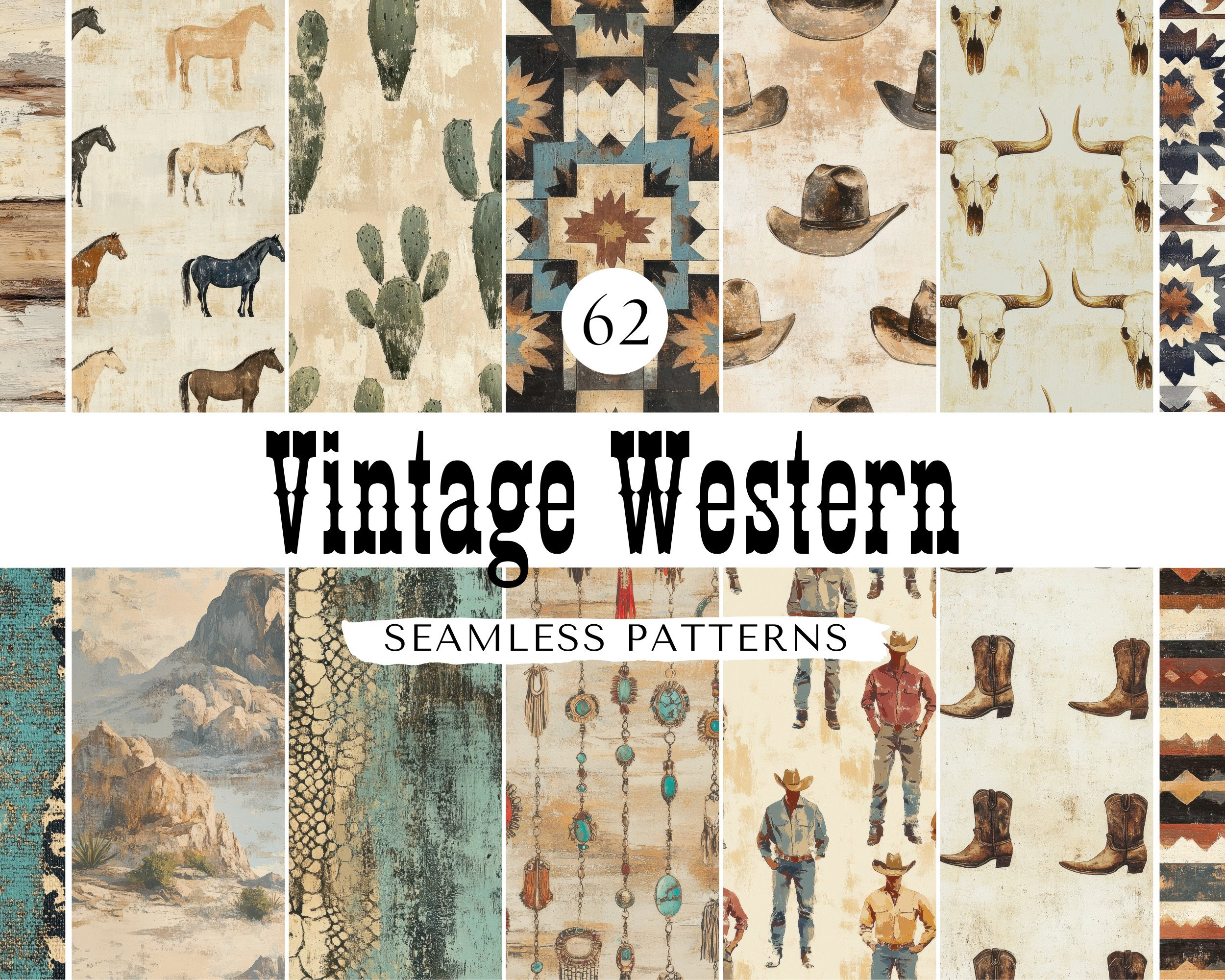 Vintage Western Seamless Patterns: Cowboy, Wild West Digital Papers ...