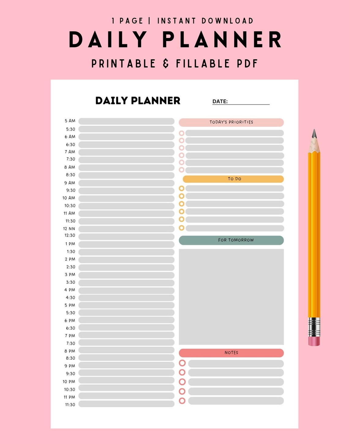 Daily Planner, Downloadable Digital Planner, To-dos, Daily Highlights ...
