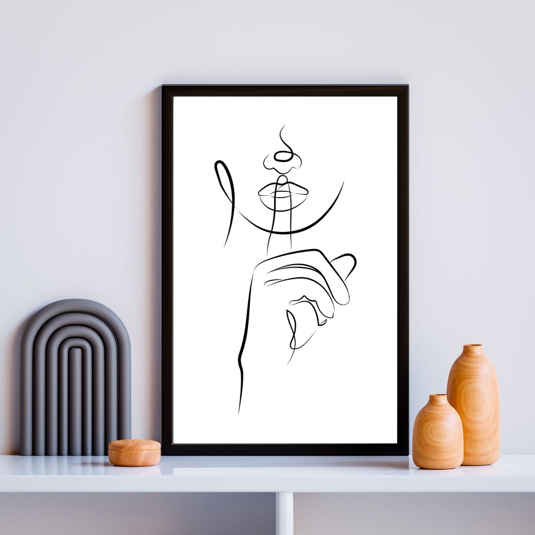 Finger on Lips Art, Woman One Line Drawing,bedroom Wall Decor, Hush ...