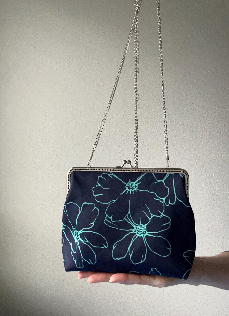 Navy Blue With Turquoise Blue Flower Fabric Purse With Chain - Etsy