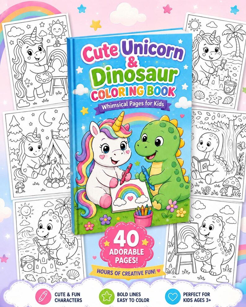 Unicorn Dinosaur Coloring Book: 40 Whimsical Pages for Kids (digital ...