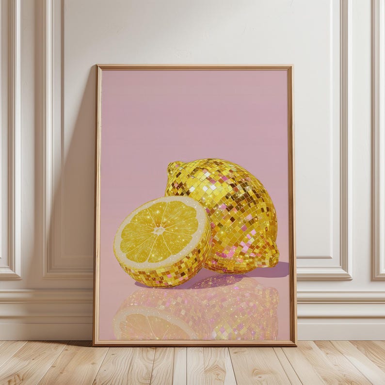 Disco Ball Lemon Print: Pastel Pink Fruit Wall Art Eclectic Home Decor ...