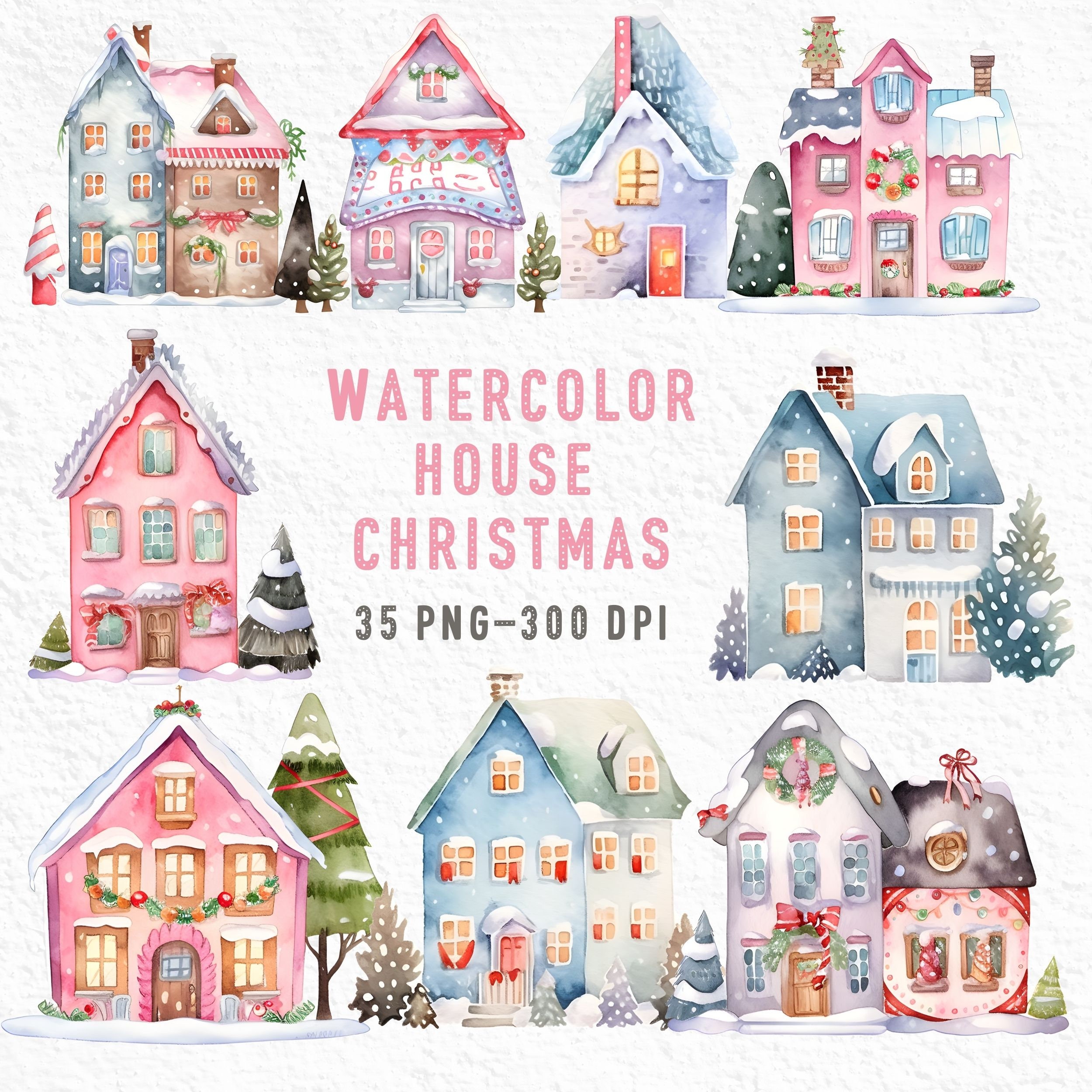 Watercolor Christmas House Clipart, Festive Winter Gingerbread Houses ...