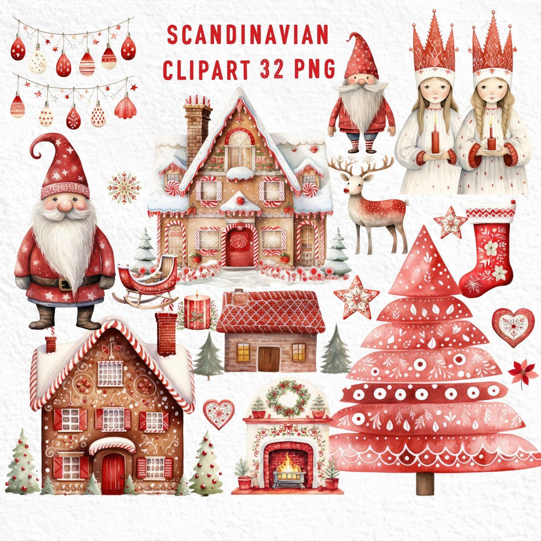 Watercolor Scandinavian Christmas Clipart,watercolor Christmas Png,32 ...