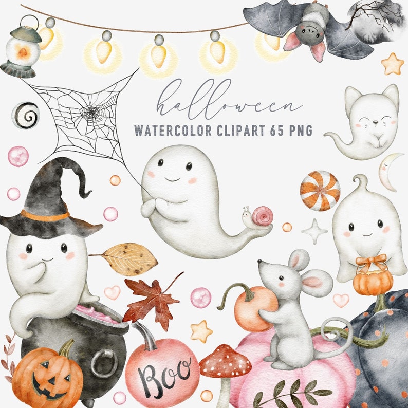 Pastel Halloween Clipart,watercolor Halloween Clipart,watercolor Ghosts ...