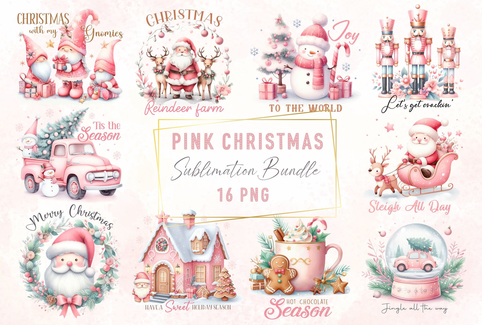 16 Png Watercolor Christmas Clipart,pink Christmas Clipart Bundle ...