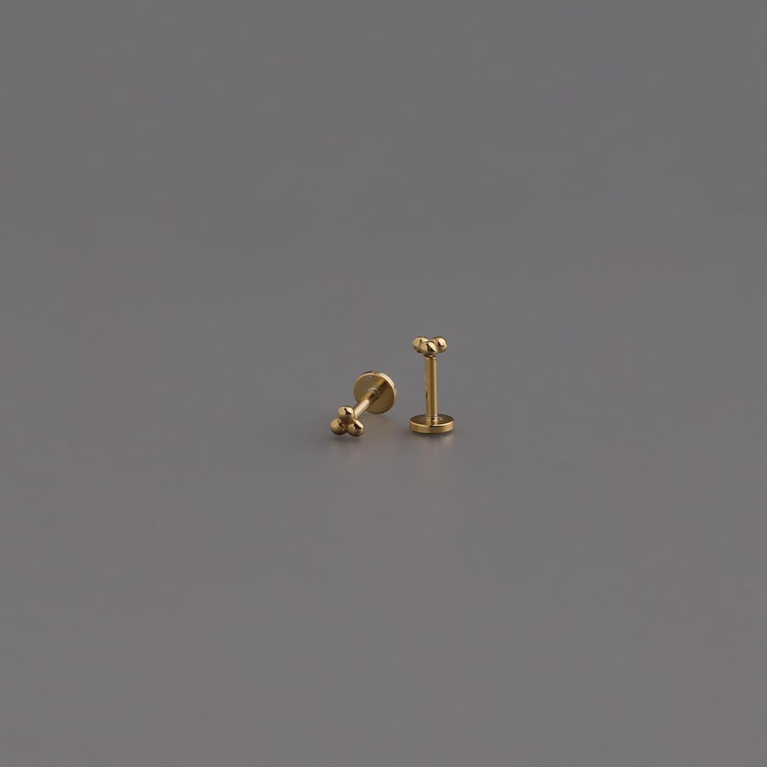 18G Tiny Three Ball Push Pin Labret, Threadless Flat Back Stud Earring ...