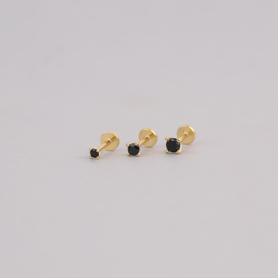 18G Black Stone Threadless Push Pin Labret Stud, 925 Sterling Silver ...