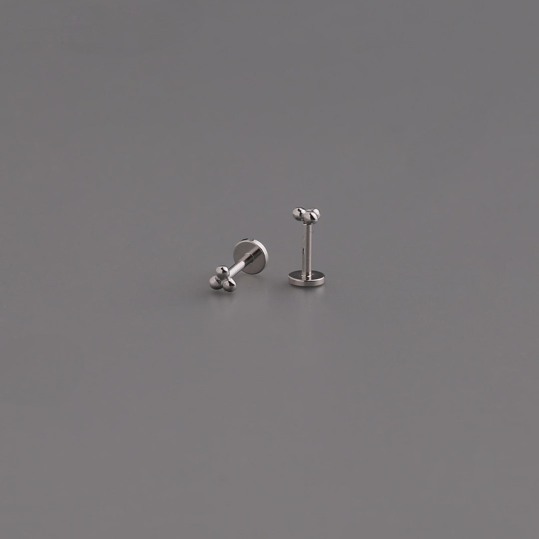 18G Three Ball Push Pin Labret, Tiny Threadless Flat Back Stud Earring ...