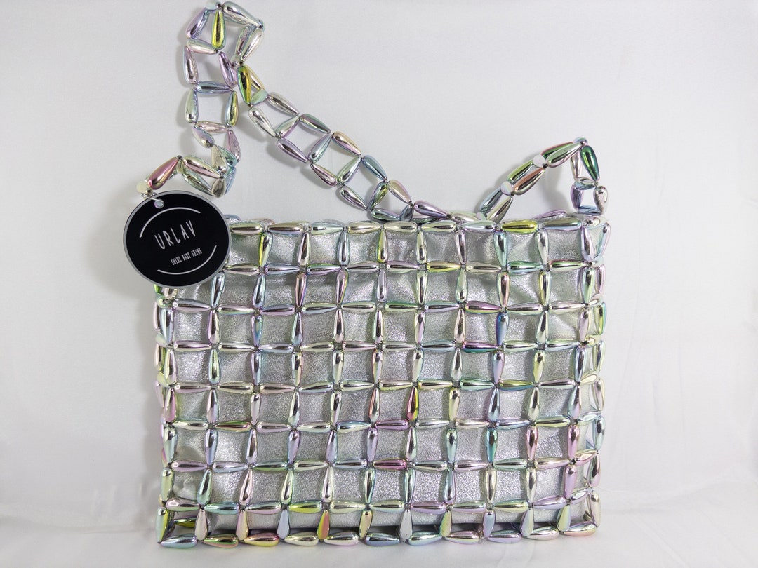 Silver Metallic Bead Bag, Silver Bead Bag, Silver Evening Handbag ...