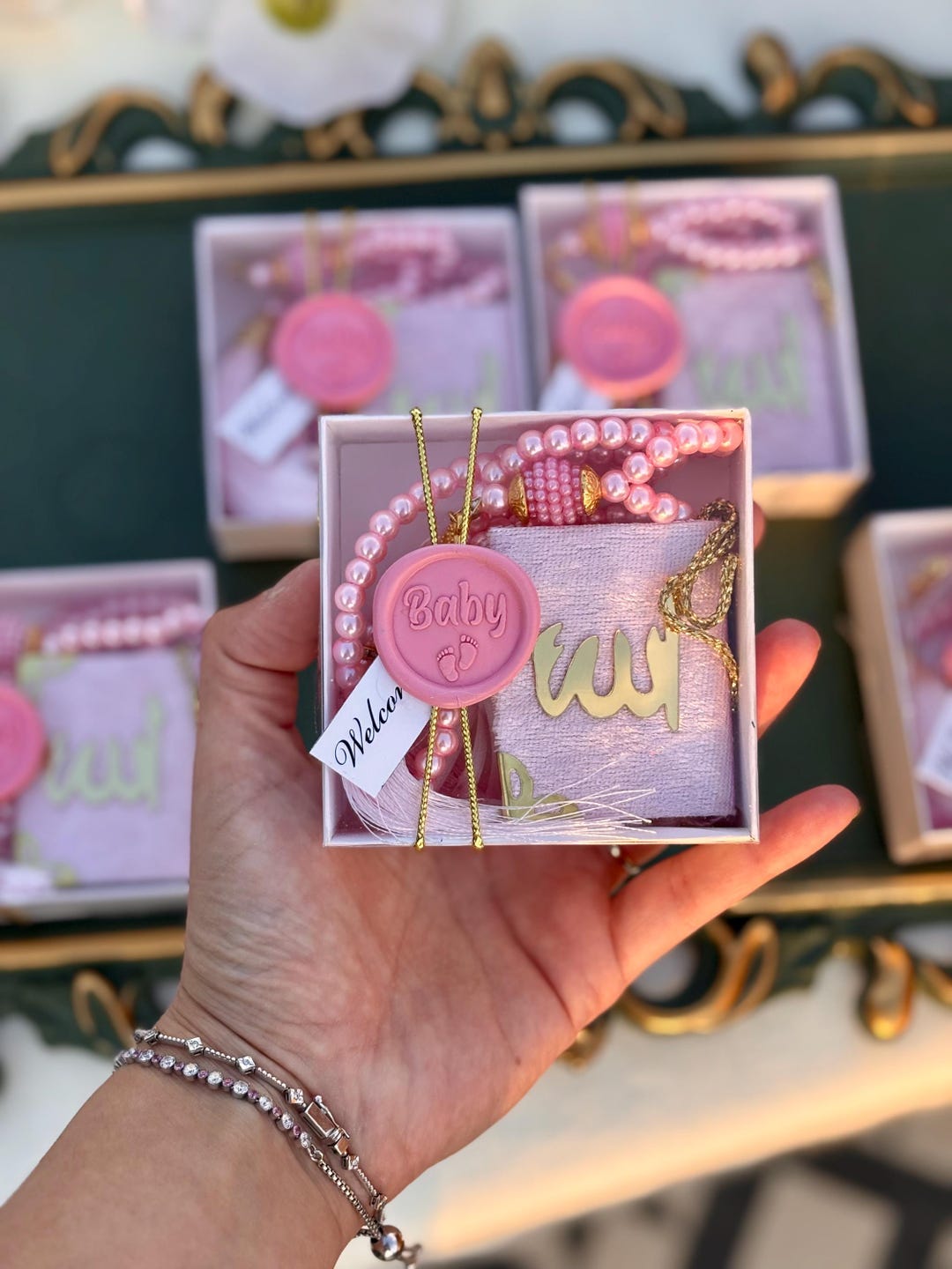 Personalized Mini Quran & Pearl Tasbeeh Set, Islamic Baby Shower Favors ...