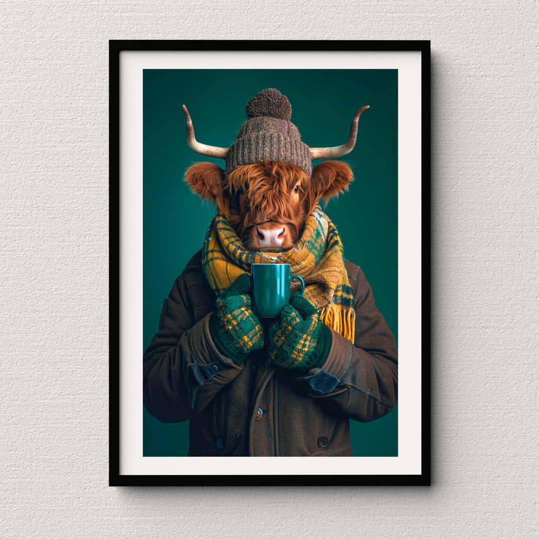 PRINT Highland Cow Drinking Coffee Chilling | Cute Cow Wall Art for the ...