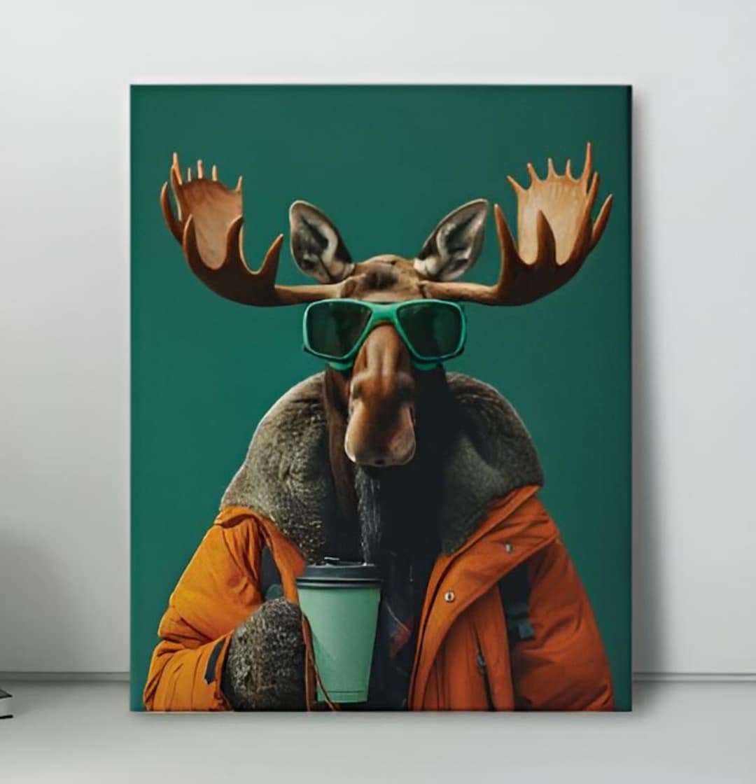 Stretched CANVAS Moose Drinking Coffee Chilling | Wall Art for the ...