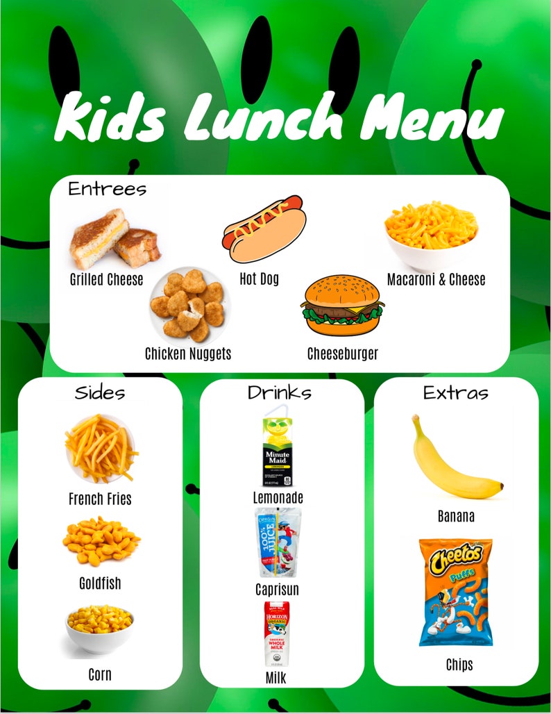 Kids Food Menu, Custom Menu for Kids, Picky Eater Menu, Breakfast Menu ...