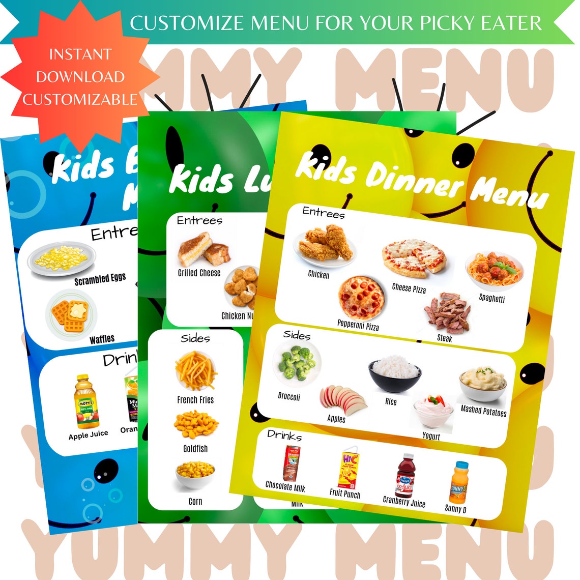 Kids Food Menu, Custom Menu for Kids, Picky Eater Menu, Breakfast Menu ...