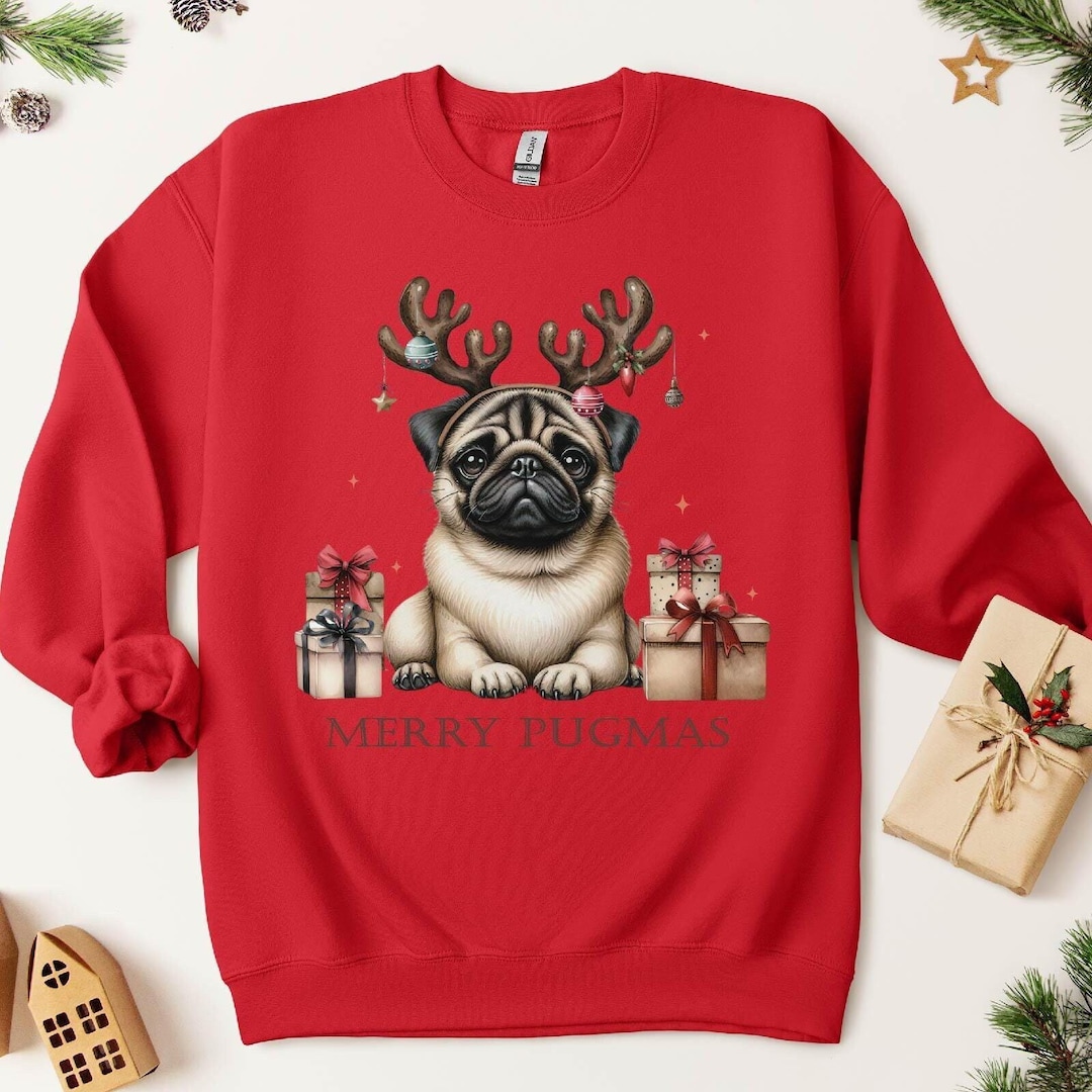 Merry Pugmas Sweatshirt, Cute Christmas Pug Sweater, Santa Hat Pug ...