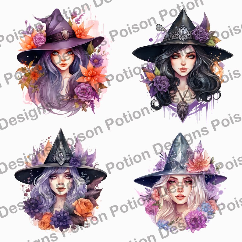 Beautiful Floral Crystal Witch Clipart, Witchy Watercolor PNG Clip Art ...