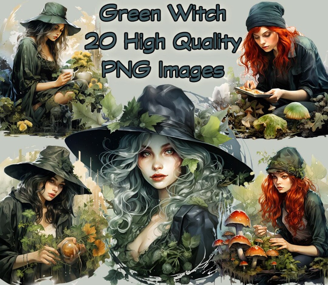 Pretty Green Witch Clipart, Witchy Watercolor PNG Clipart, Halloween ...