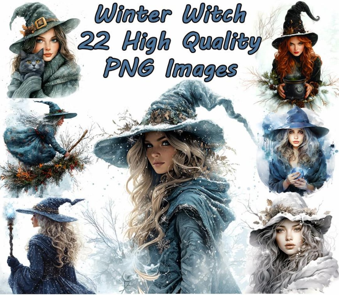 Winter Witch Clipart, Witchy Woman Watercolor PNG Clip Art, Cat ...
