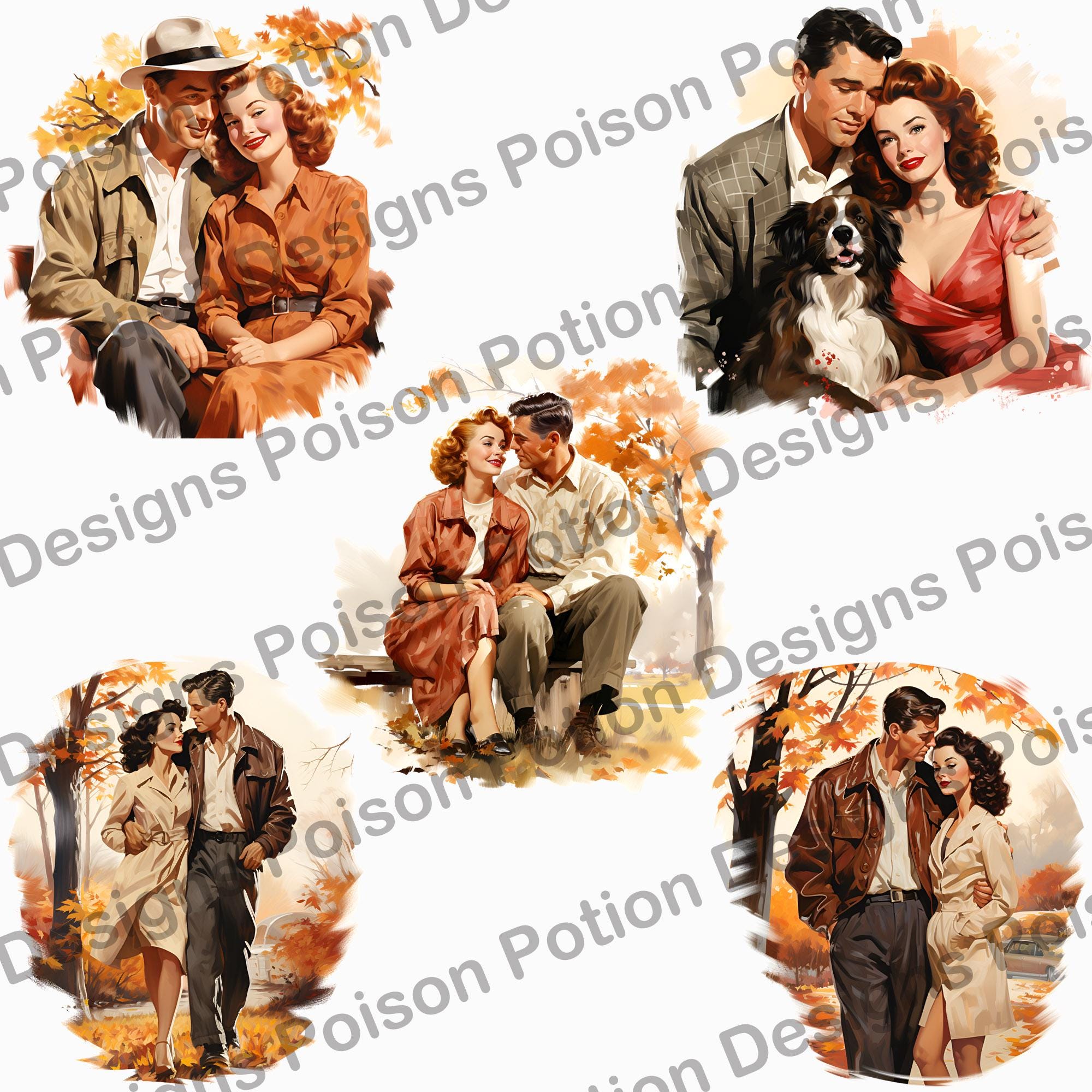 Vintage Fall Couples Clipart, Retro Autumn Watercolor PNG Clip Art ...
