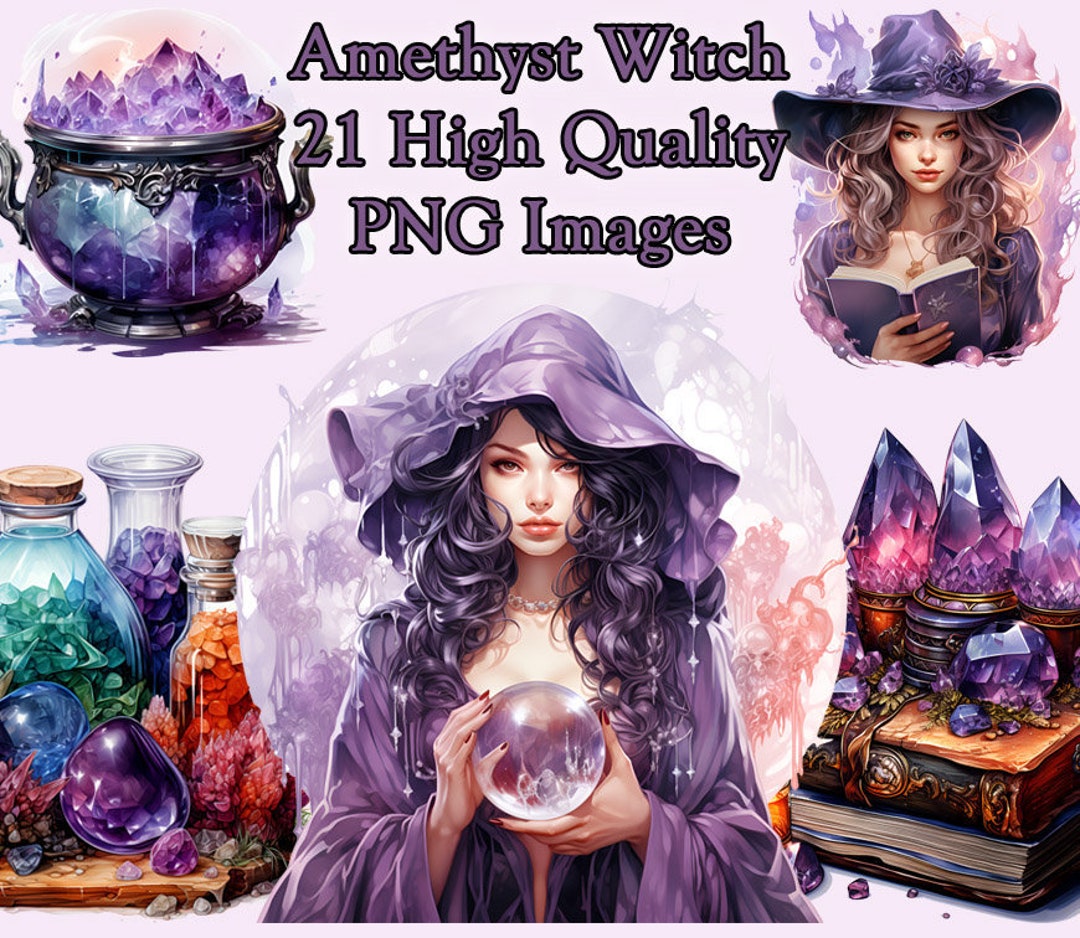 Amethyst Witch Clipart, Magic Fantasy Watercolor PNG Clip Art, Crystals ...