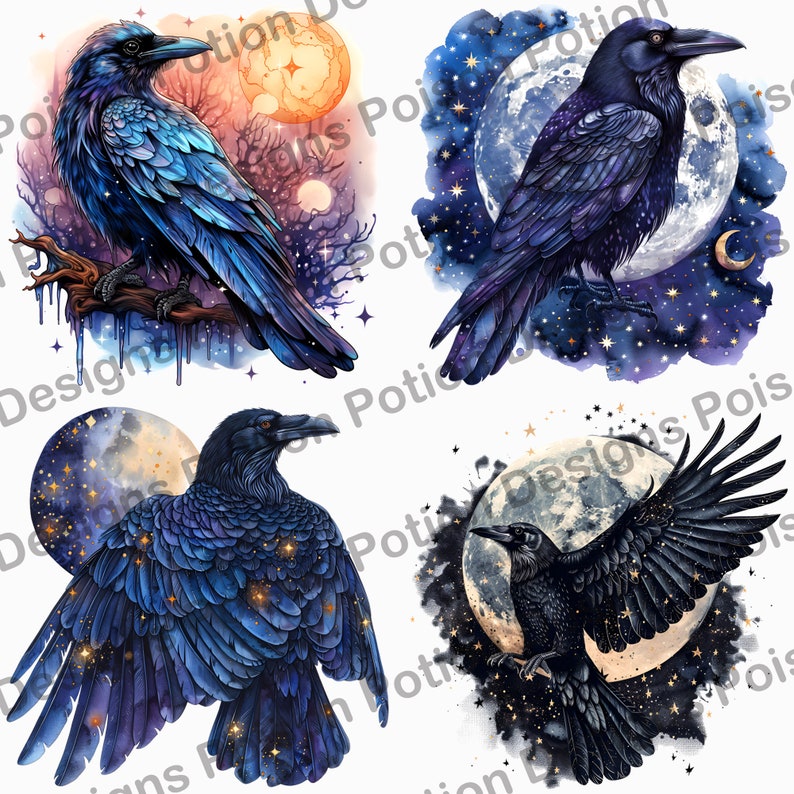 Cosmic Raven Clipart, Gothic Fantasy Watercolor PNG Clip Art, Celestial ...