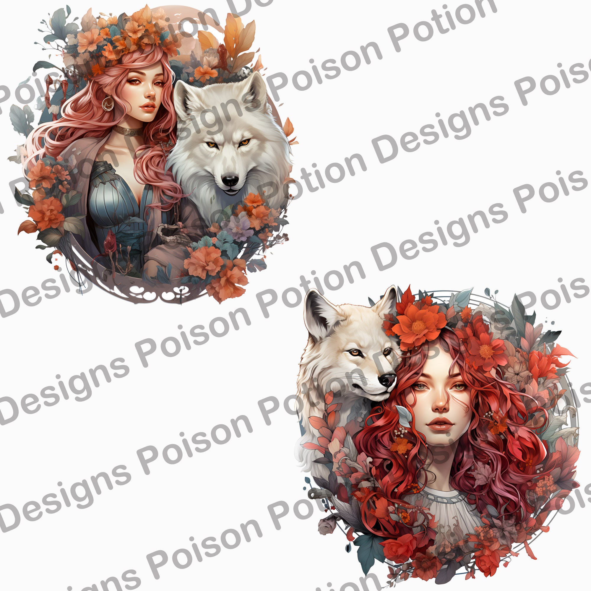Beautiful Red Headed Wolf Queen Clipart, Fantasy Watercolor PNG Clip ...