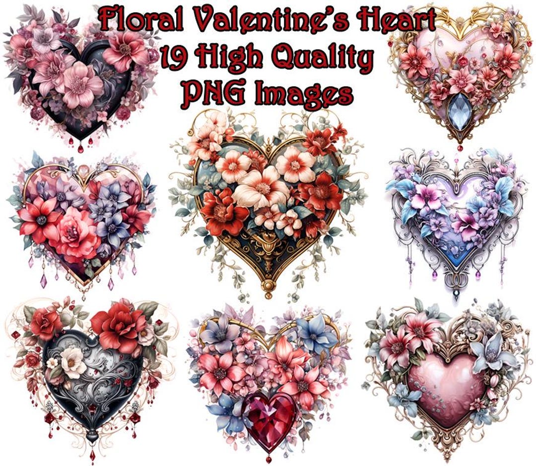 Floral Valentine's Heart Clipart, Victorian Watercolor PNG Clip Art ...