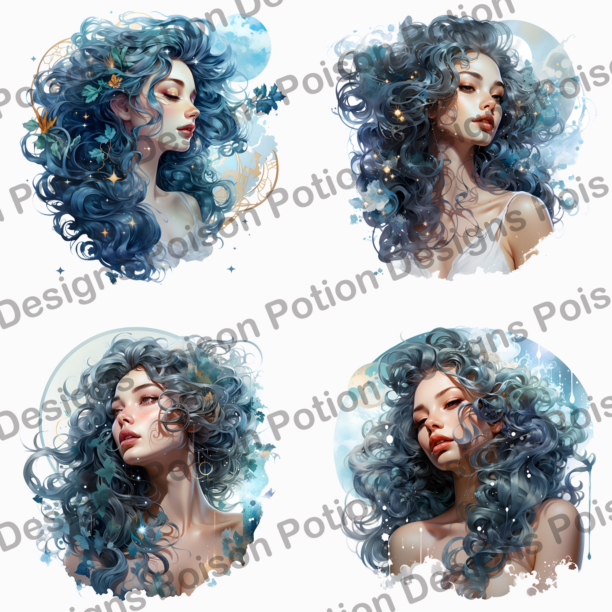 Blue Moon Goddess Clipart, Beautiful Fantasy Woman Watercolor PNG Clip ...