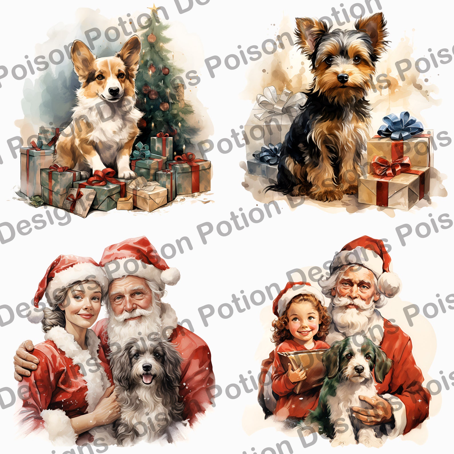 Christmas Dogs and Santa Clipart Retro Watercolor PNG Clip - Etsy