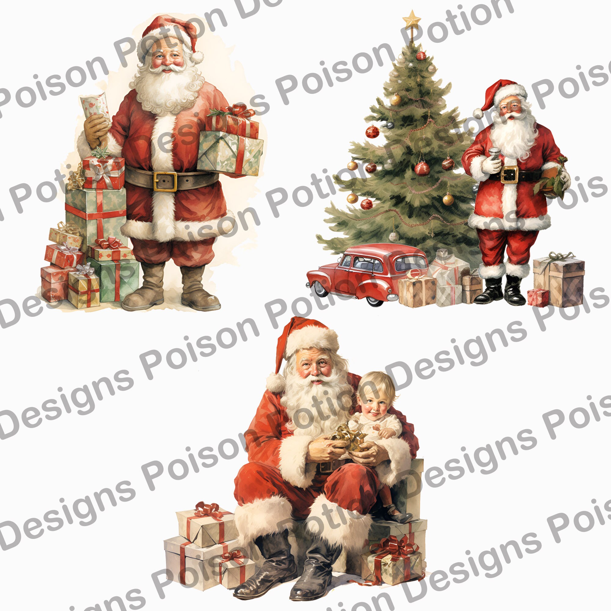 Vintage Santa Claus Clipart Retro Watercolor Christmas PNG - Etsy