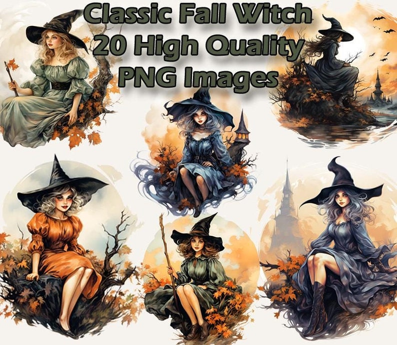 Classic Fall Witch Clipart, Retro Halloween Watercolor PNG Clip Art ...