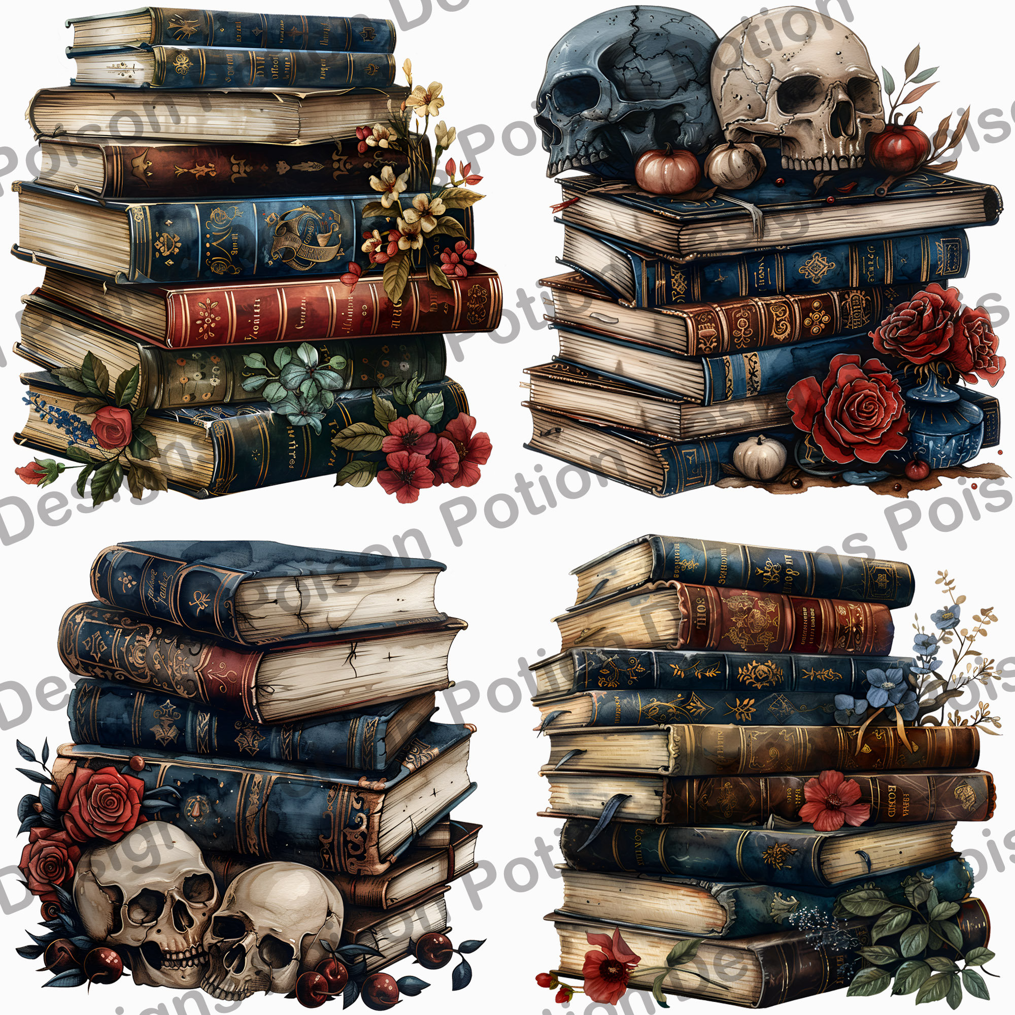 Dark Academia Clipart, Gothic Watercolor PNG Clip Art, Books, Library, People, Flowers, Goth ...