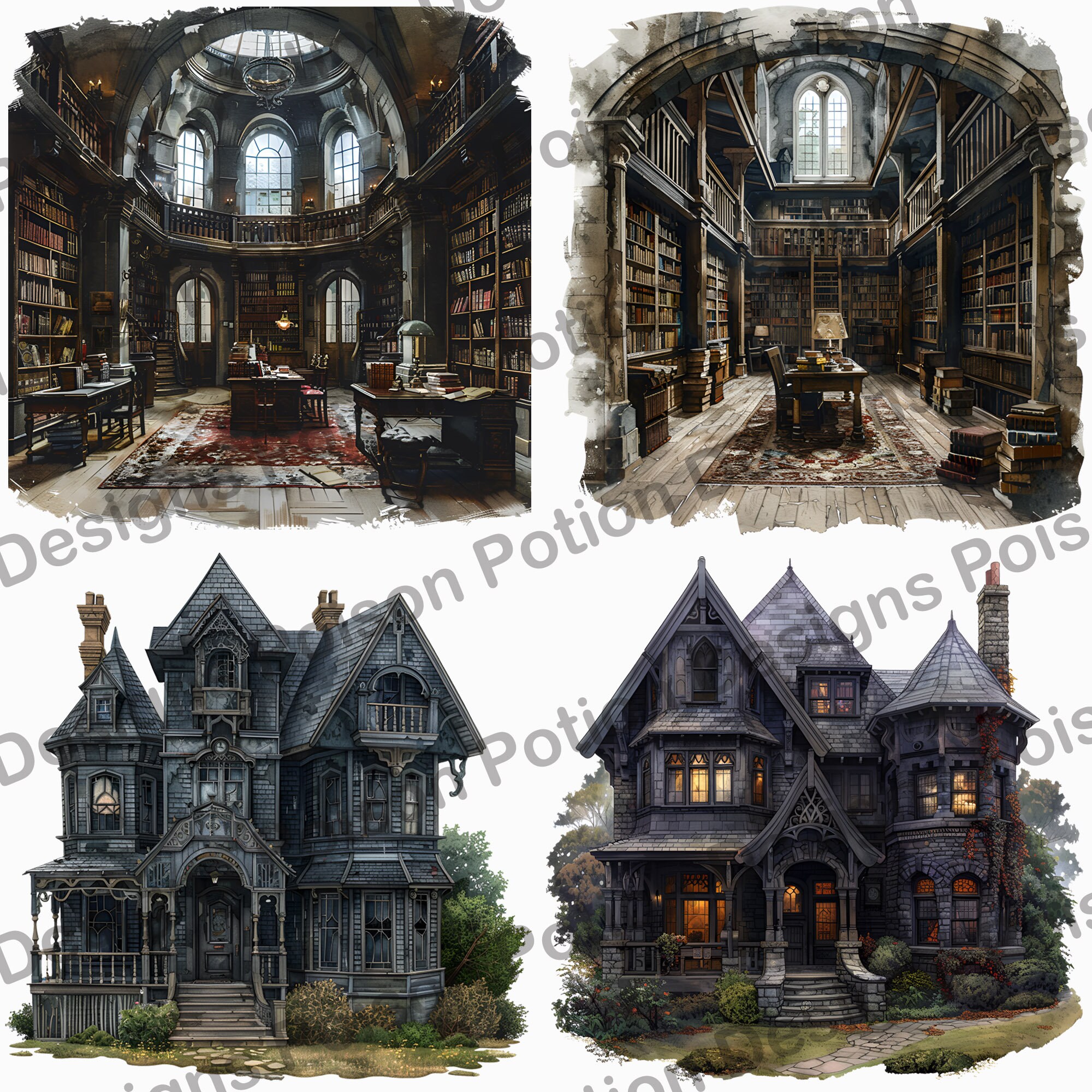 Dark Academia Clipart, Gothic Watercolor PNG Clip Art, Books, Library ...